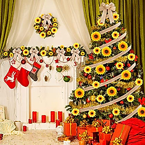 Sunflower Tree Decoration Kit 62 Pcs Sunflower Decor with 2 Pcs Buffalo Plaid and Burlap Ribbon for Christmas Tree Party Indoor Fireplace Home Decorations