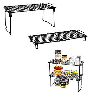EMT ETRENDS Stackable Storage Shelf, 2-Tier Metal Shelves, Small Mesh Folding Shelf Stand for Cabinet, Kitchen Storage, Spice Racks, Makeup, Bathroom Organizer Rack (2 Tier Foldable, Black)