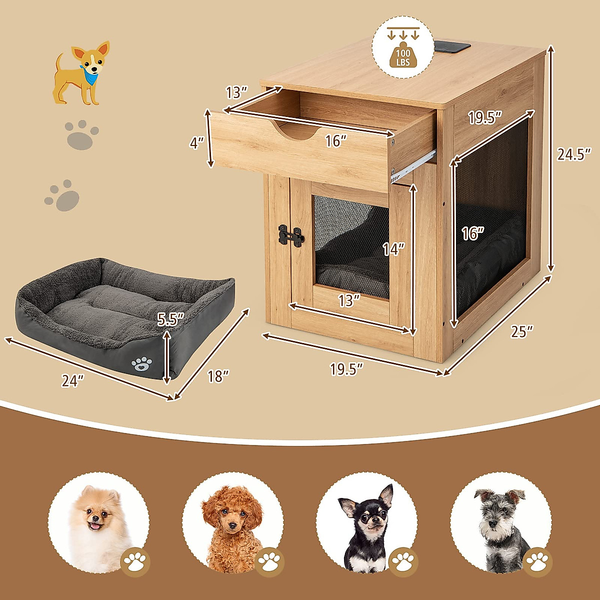 Giantex Dog Crate Furniture, Wooden Dog Kennel End Table with Removable Cushion, Storage Drawer, Latched Door, Wireless and Wired Charging, Furniture-Style Crate Side Table (Wood Color)