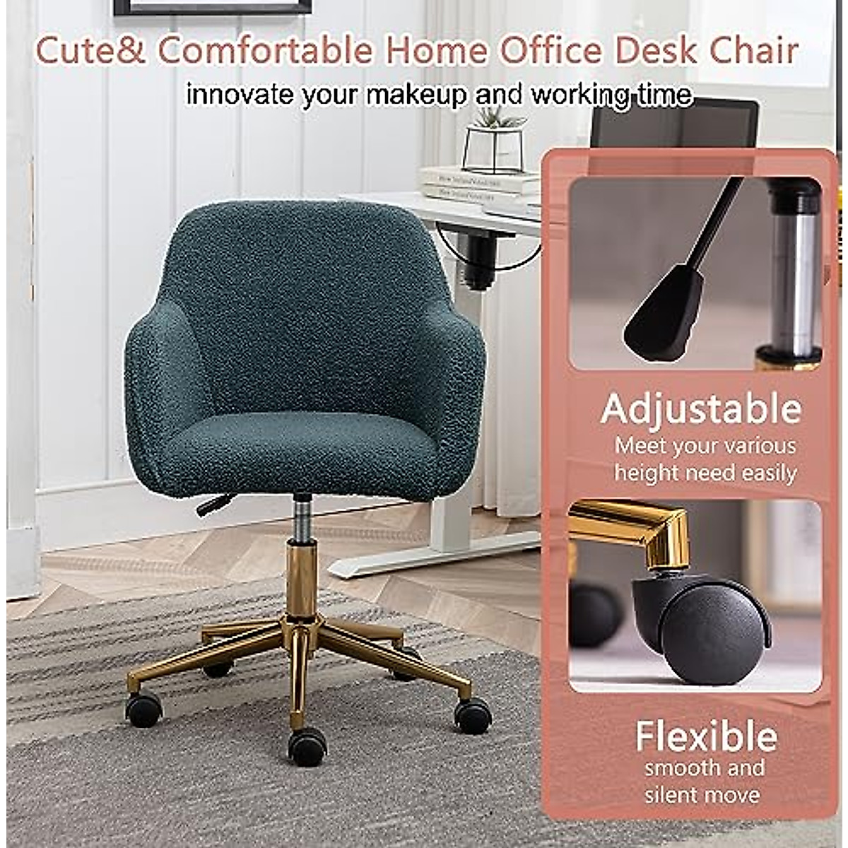 HomVent Desk Chairs on Wheels White Vanity Chair with Girls Comfy Computer Desk Chair,Comfortable Chair for Desk/Task Chair/Rolling Chair for Bedroom,Living Room,Vanity Room