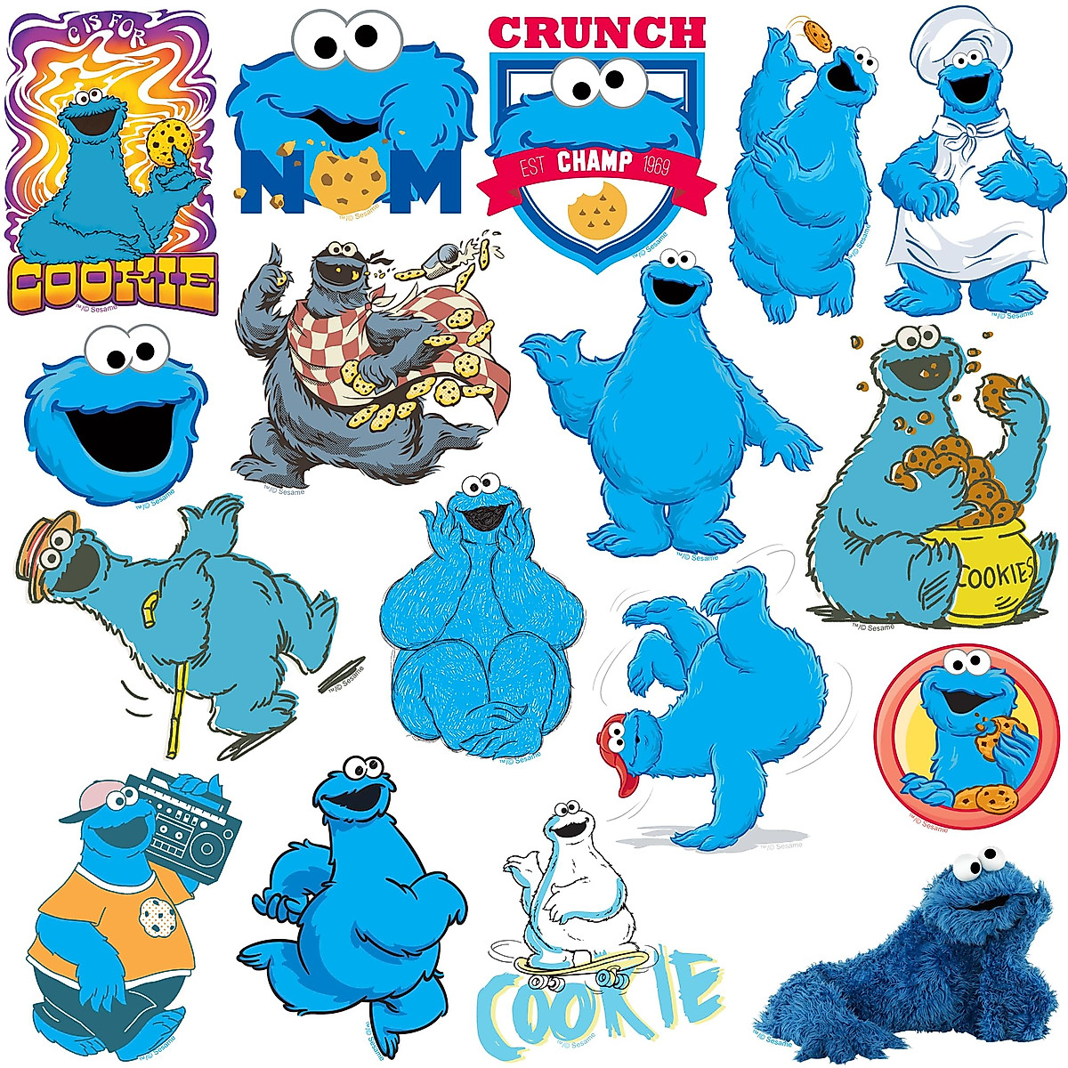 Sesame Street Cookie Monster 50ct Vinyl Large Deluxe Stickers Variety Pack - Laptop, Water Bottle, Scrapbooking, Tablet, Skateboard, Indoor/Outdoor