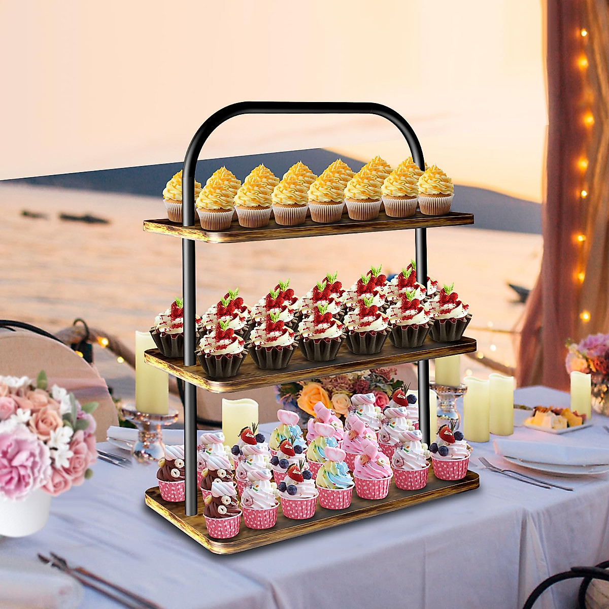 Cupcake Stand, 3 Tier Wood Cupcake Stand for 50 Cupcakes Large Dessert Stand Cupcake Display Stand Cupcake Tower for Farmhouse Decor, Party Serving Tray, Vendor Dessert Table Display Set
