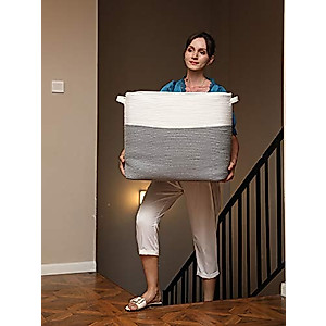 22"x14"x18" Mega Size Rectangular Extra Large Storage Basket, Cotton Rope Storage Baskets, Woven Laundry Hamper, Toy Storage Bin, for Toys Blanket in Living Room, Baby Nursery, Grey