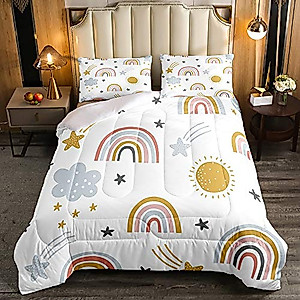 Erosebridal Girls Rainbow Bedding Set, Sun and Stars Comforter Set Twin Size for Kids Boys Children Cartoon Style Cloud Bedding Comforters Girly Soft Microfiber Duvet Insert for Bedroom Decor