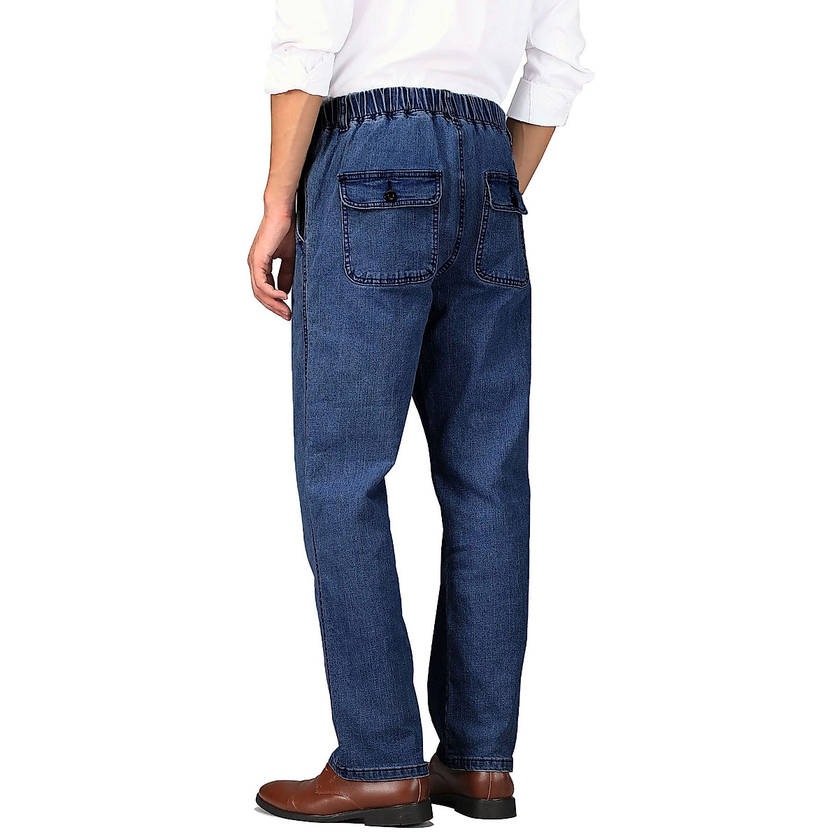 Soojun Mens Casual Loose Fit Elastic Waist Jeans Denim Pants, Indigo, 32W x 28L