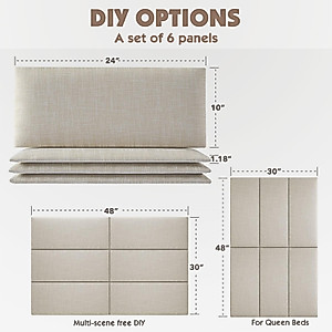 Upholstered Wall Mounted Headboard, 3D Wall Panels Peel and Stick Floating Headboard Full Size Headboard Only, Boho Dorm Tufted Bed Headboard in Beige (6 Panels, 10" x 24")