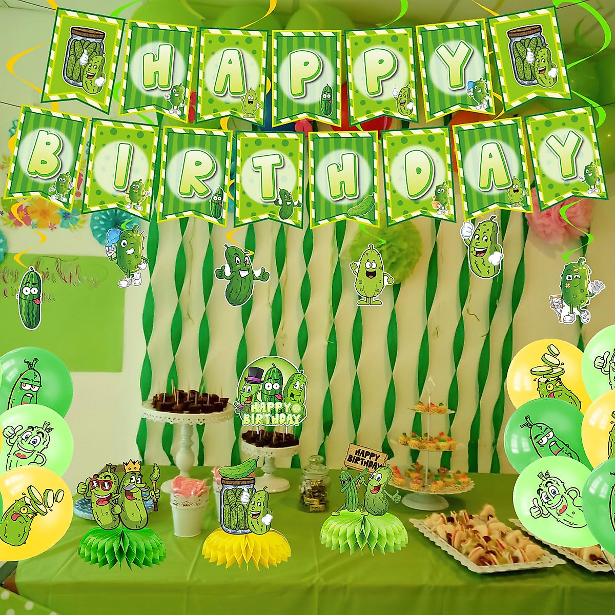 35 Pieces Pickle Party Decoration, Include Funny Pickle Birthday Banner Honeycomb Centerpieces Cake Topper Pickle Party Latex Balloons for Birthday Baby Shower Party Supplies