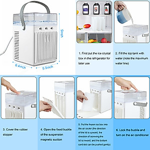 Portable Air Conditioner Fan Personal Air Conditioner Mini Evaporative Portable Personal Air Cooler with 3 Speeds USB-C Portable Evaporative Cooler with 7 Colors Light & 6 Ice Boxes for Bedroom Office