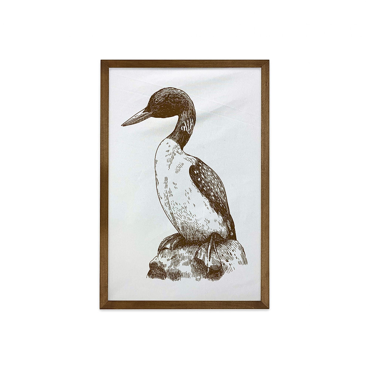 Ambesonne Loon Framed Wall Art, Antique Looking Drawing Illustration of a Northern Loon Animalistic, Fabric Decor with Teak Tone Wood Frame Home & Dorm Decor, 23" x 35", Dark Cocoa and White
