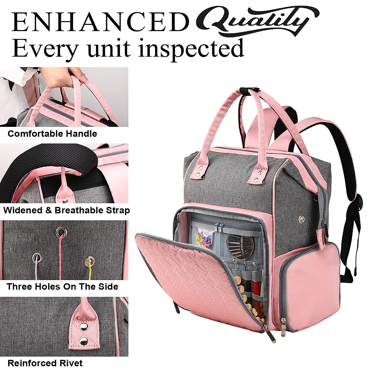 QZLKNIT Knitting Bag Backpack, Yarn Storage Organizer Bag, Yarn Organizer Tote Bag, Crochet Bag with USB Charging Port，Yarn Bag Organizer for Crochet Accessories (Bag Only)