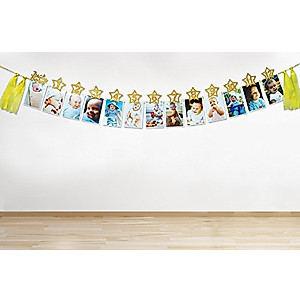 1st Birthday 12 months Photo Banner, Cake Topper, Highchair One Garland. Newborn to 1 Year old Monthly Milestone Picture, Baby Boy & Girl First Gold Decorations Party Supplies