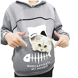 Women's Men's Pet Carrier Hoodie Kitten Puppy Holder Animal Pouch Sweatshirt Top Carry Cat Breathable Pullover Blouse Gray