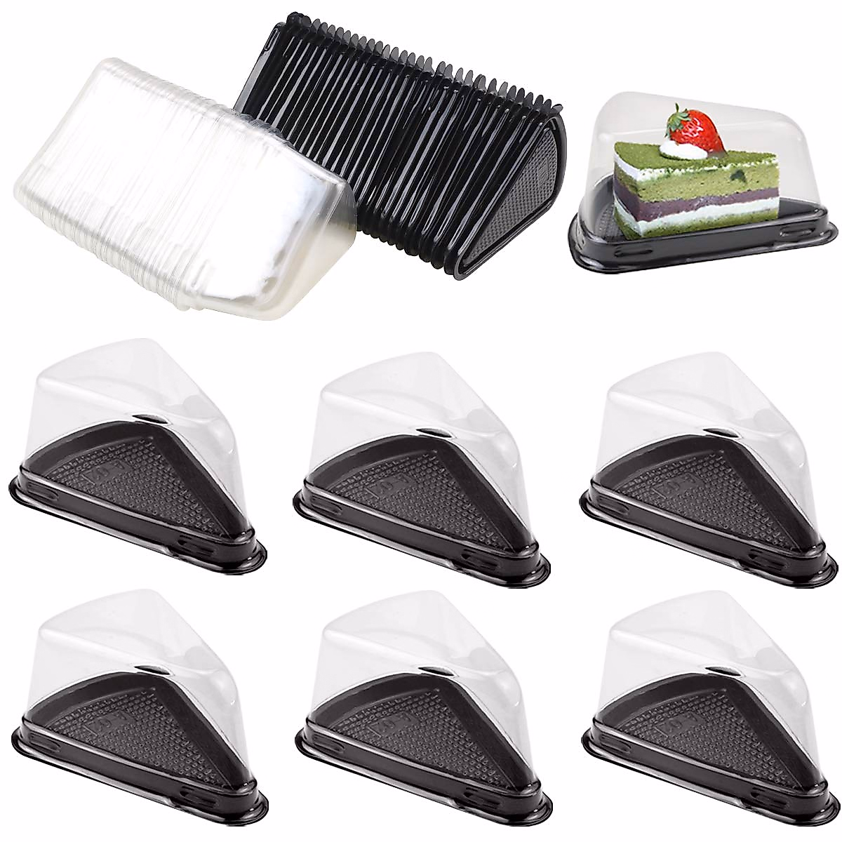 Fansunta 100Pcs Clear Plastic Triangle Dessert Cake Box Cake Slice Container Cheesecake Pie Containers Pies Holder (black)