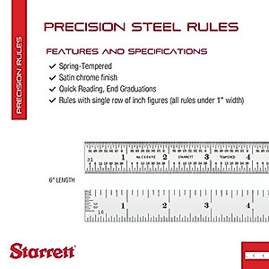 Starrett Spring Tempered Steel Rule with Satin Chrome Finish, Quick Reading and Inch Graduations - 6" Length, 4R Graduation Type, 3/64" Thickness - C604RE-6