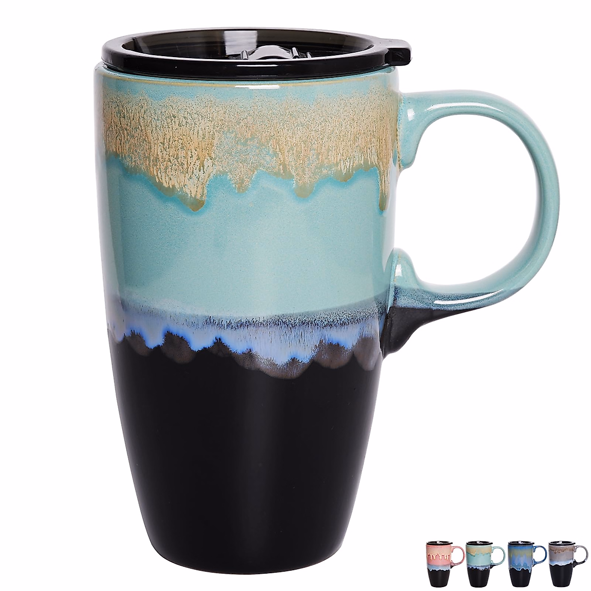 Bosmarlin Ceramic Travel Coffeel Mug with Handle and Lid, 18 oz, Portable Coffee Cup for Car Cup Holder, Microwave and Dishwasher Safe, Reactive Glaze (Pastel Blue)