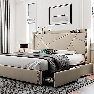 Feonase King Bed Frame with 4 Storage Drawers, Upholstered Platform Bed with Charging Station & Wingback Headboard, Solid Wood Slats Support, No Box Spring Needed, Noise-Free, Beige
