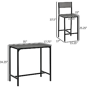 HOMCOM 3 Piece Bar Table and Chairs, Industrial Dining Table Set for 2, Counter Height Kitchen Table with Bar stools, Breakfast Table Set for 2 for Small Space, Gray
