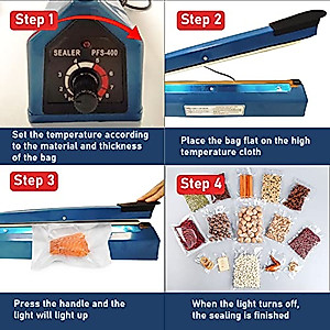 Impulse Heat Sealer 16Inch, Manual Sealing Machine with 4 Replace High-temperature Cloths, Adjustable Temperature Bags Sealer, Multiple Use for Plastics PE Mylar Kraft Paper Bags
