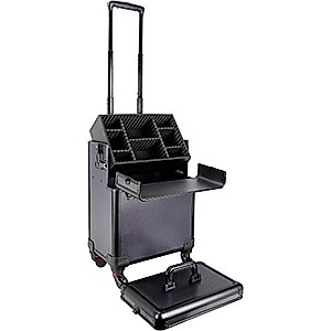 Ver Beauty 3-in-1 Professional 4 Removable Wheels Rolling Aluminum Art Craft Supplies Makeup Tattoo Artist Tool Case Organizer Easy-Slide Extendable Trays with Dividers Mirror, Black Dot