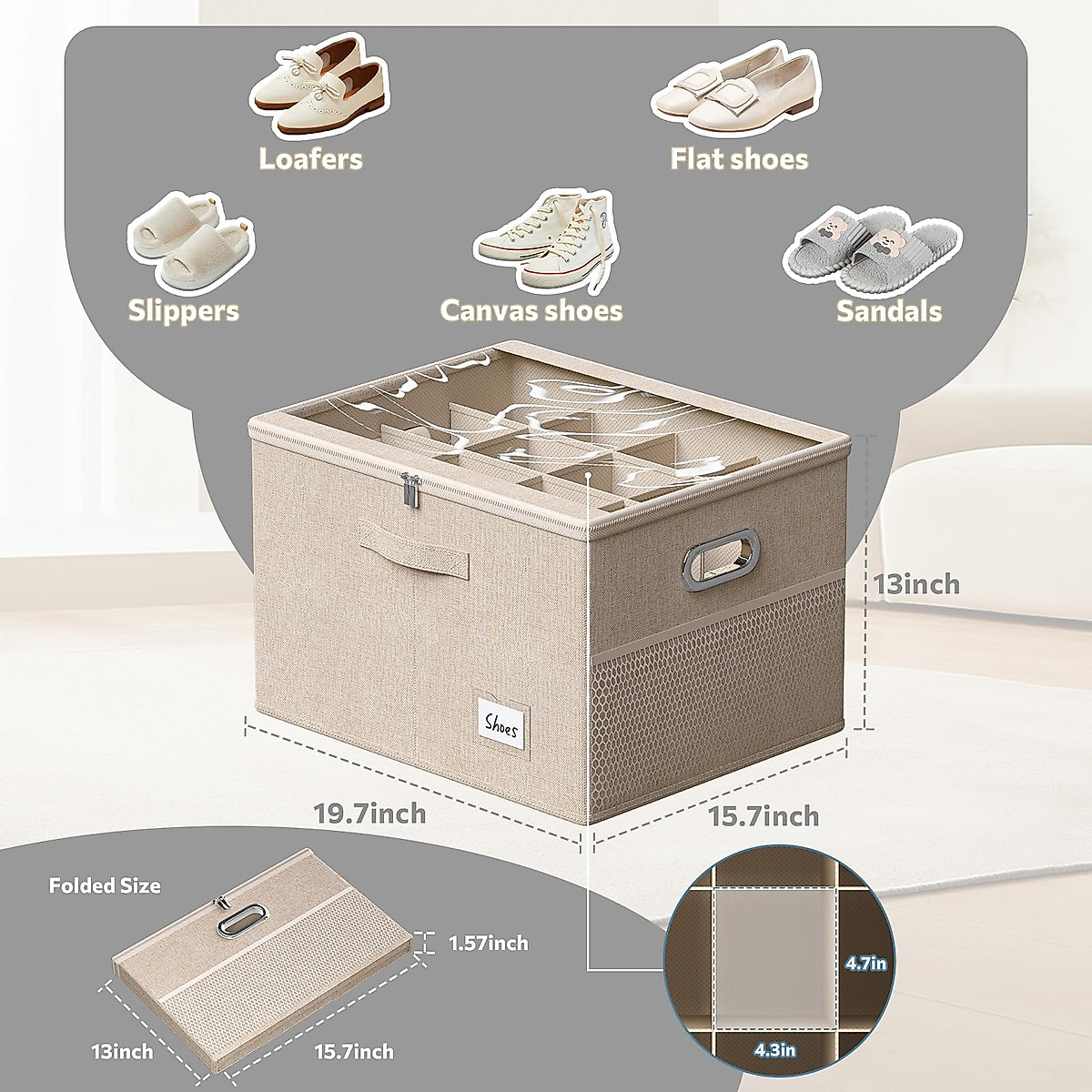 2 Pack Shoe Organizer for Closet Large Shoe Box Storage Containers with Clear Window Space Saving Shoe Bin with Foldable Bottom Support Adjustable Dividers Fits 32 Pairs (Beige, (19.7x15.7x13inch)x2)