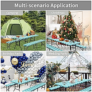 Easy-Going 100% Waterproof Picnic Outdoor Tablecloth with Bench Covers Fit 6 Foot Rectangle Table, 3-Piece Set Camping Table Cover with Seat Covers (30x72 in, Moroccan/Teal & White)
