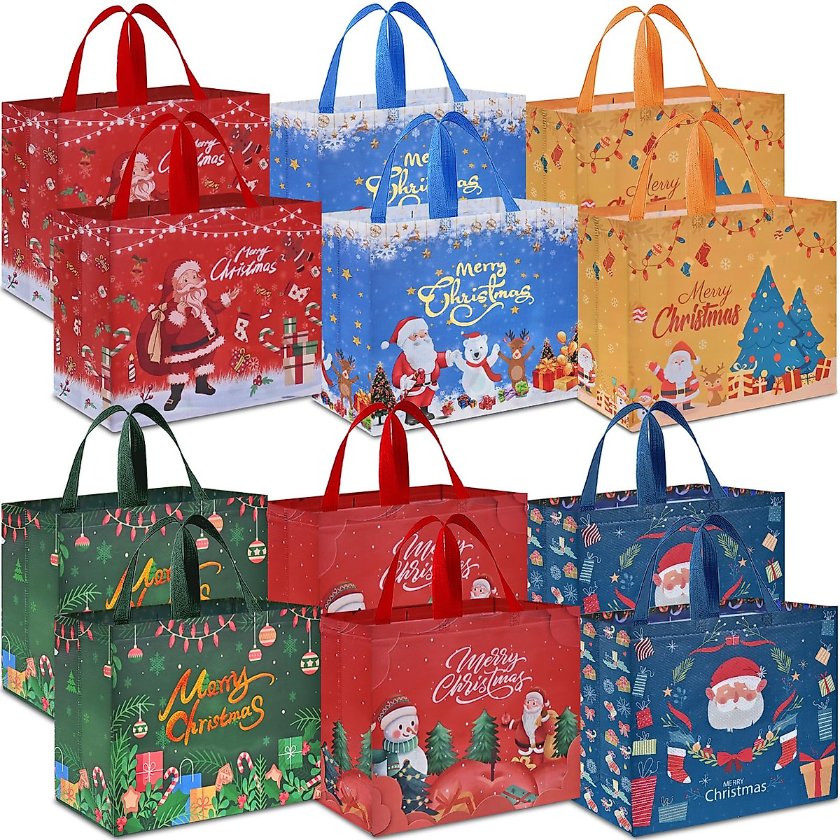 AhfuLife 12PCS Extra Large Christmas Gift Bags, 15.7'' x 14.2''x 5.9'', Christmas Tote Bags with Handles, Reusable Non-woven Christmas Shopping Bags for Xmas，New Year's Party Supplies Decorations