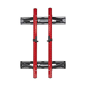 Signature Fitness 3” x 3” Wall Mounted Fold-in Power Cage Squat Rack with Adjustable Pull Up Bar and J Hooks - Space-Saving Home Gym, Red