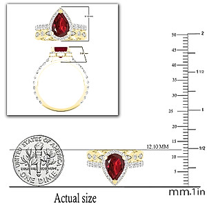 Dazzlingrock Collection 9X6 MM Pear Lab Created Ruby and 0.78 Carat (ctw) Round White Diamond Halo Alternating Marquise & Circle Wedding Ring Set for Women in 10K Yellow Gold, Size 8.5