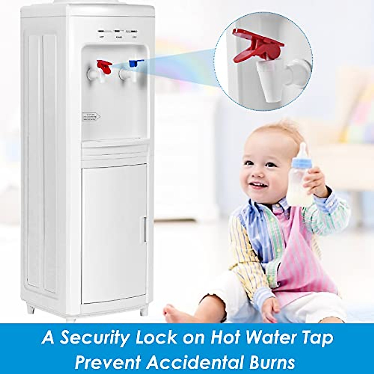 GOFLAME Water Cooler Dispenser Top Loading, Water Dispenser with Hot & Cold Water, Storage Cabinet, Child Safety Lock, Holds 3-5 Gallon Bottles for Home Office Dorm