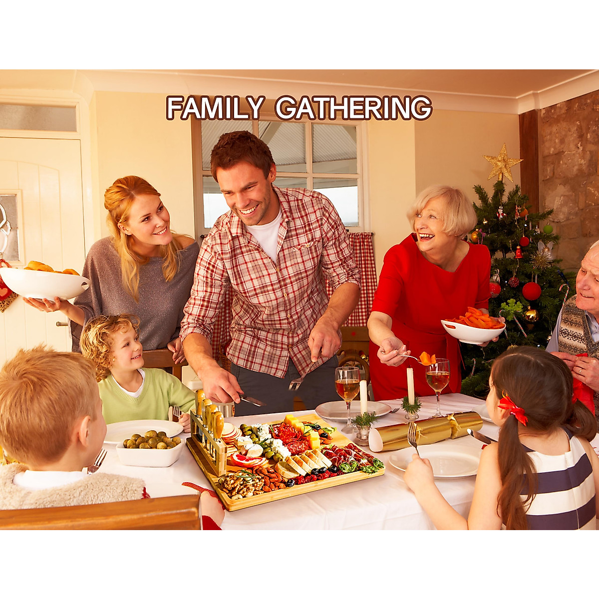 Easoger Cheese Board and Knife Set - Extra Large Charcuterie Boards with Magnetic Knife Holder, Cheese Platter Gift for Christmas, House Warming, Wedding, Anniversary, Thanksgiving