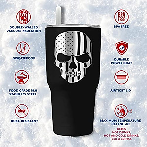 American Flag Skull 30oz Patriotic Tumbler - American Flag Tumbler Travel Mug - Patriotic Coffee Travel Mug - Double Insulated 30oz Tumbler - Engraved in the USA - (Skull Flag)