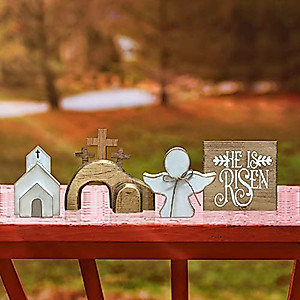 Jesus Tomb Easter Tray Bundle Kit, Wooden Easter Jesus Sign Tiered Tray Decorations, He is Risen Easter Tiered Tray Decor Farmhouse Rustic Tiered Tray Items, Easter Decor for Home Office (Set of 4)