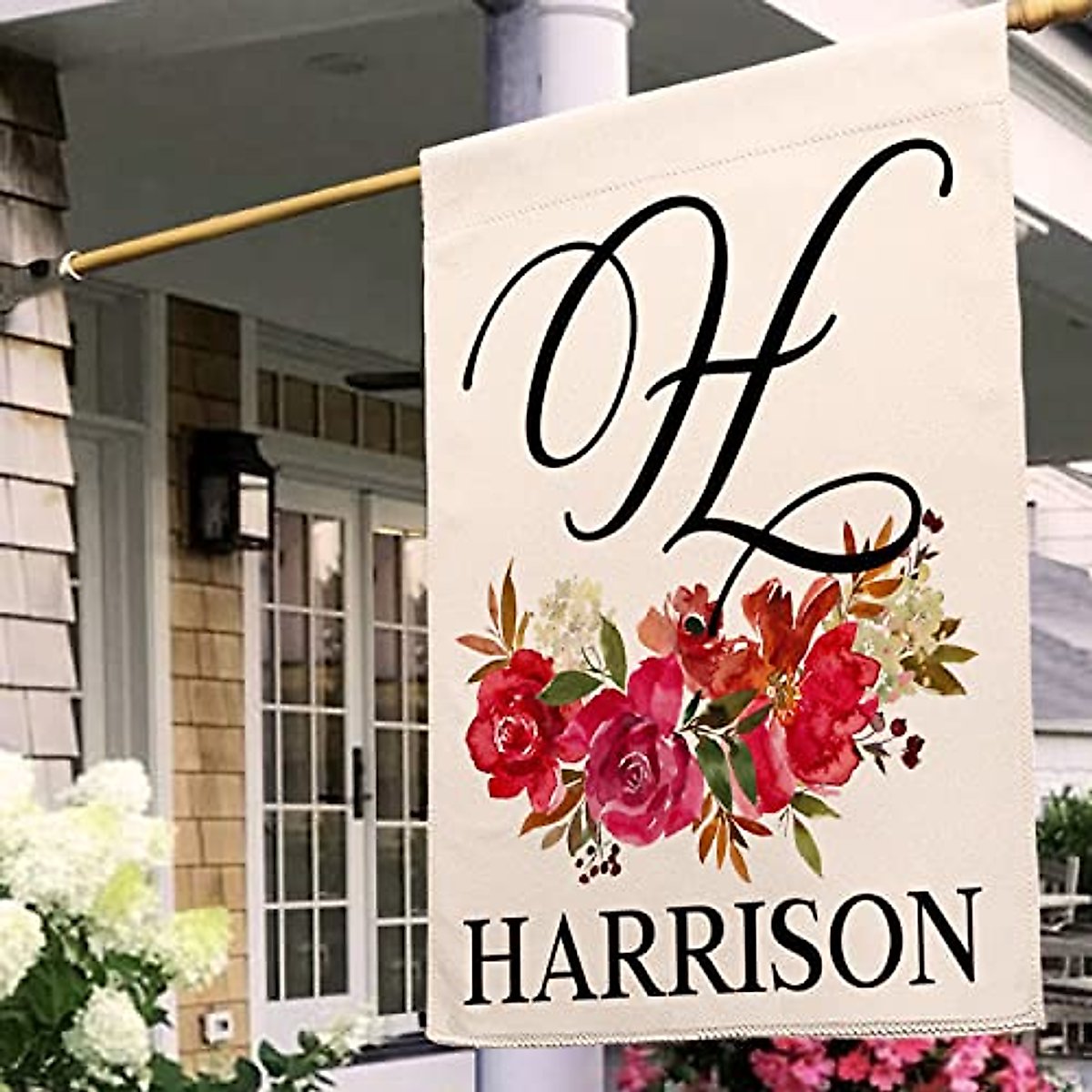 Personalized Garden Flag | Small Vertical Double Sided 12.5" X 18" Porch Flags | Customize Yard House Flag | Elegant Black Family Name, Initial, Couple Names And Date | C02D10