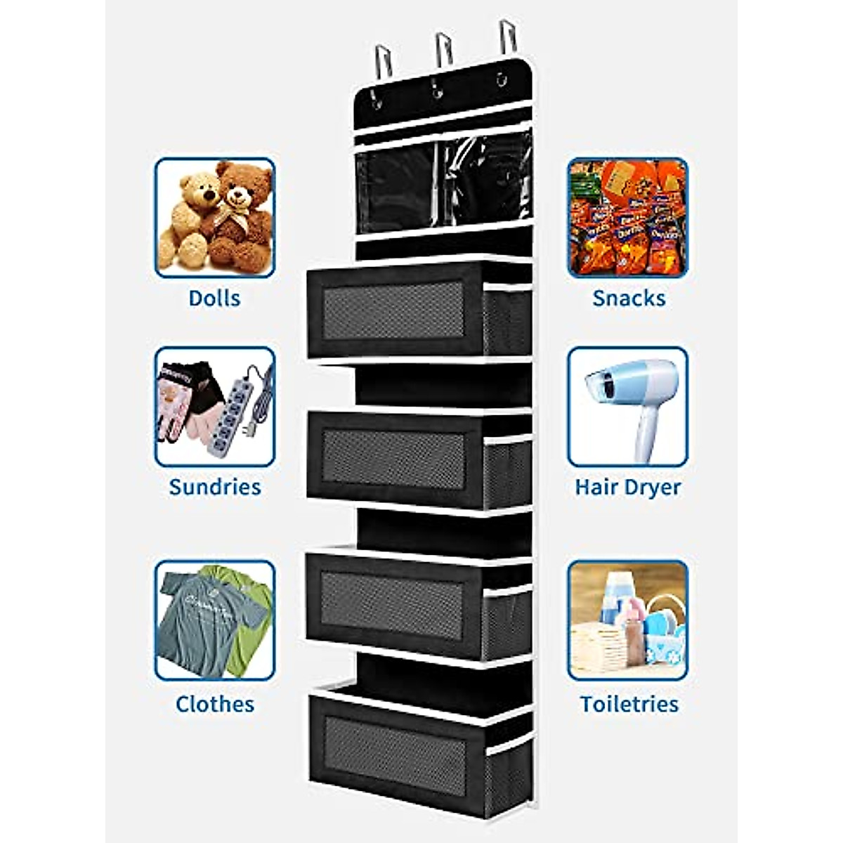 JARLINK 2 Pack 5-Shelf Over Door Hanging Organizer, Foldable Wall Mount 4 Big Pocket Storage with PVC Clear Window, Large Capacity Storage for Bedroom, Kitchen, Cosmetics, Toys, Sundries, etc (Black)