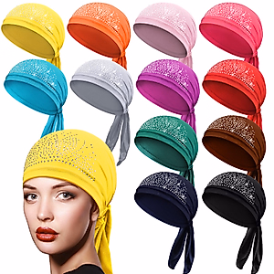 Jiuguva 12 Packs Rhinestone Head Scarf Women Stretchy Head Wrap Bandana Beanie Pre Tied Durag Turban Cap Skull Cap Headbands