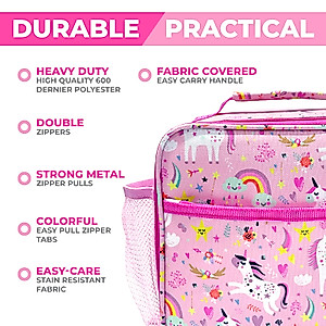 kinsho Bento Lunch Box with Insulated Bag and Water Bottle Set for Kids Toddlers, 4 Portion Sections, Removable Tray, Pre-School Girl Toddler Daycare Lunches, Snack Container, Pink Unicorn