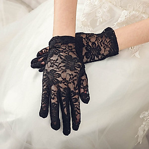 Latious Black Lace Finger Prom Gloves White Short Halloween Wrist Length Gloves Accessories for Women (Black-1)