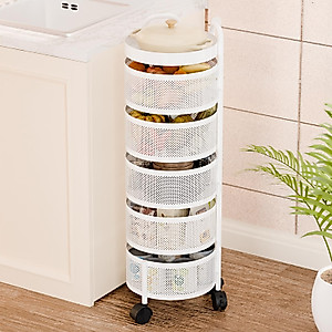 Makamsui Rotating Storage Shelves Rack for Kitchen, 5-Tier Fruit Vegetable Basket Shelf Organizer on Rolling Wheels for Fruit Vegetable Grocery Corns Potato Onion, Mobile Utility Cart for Living Room
