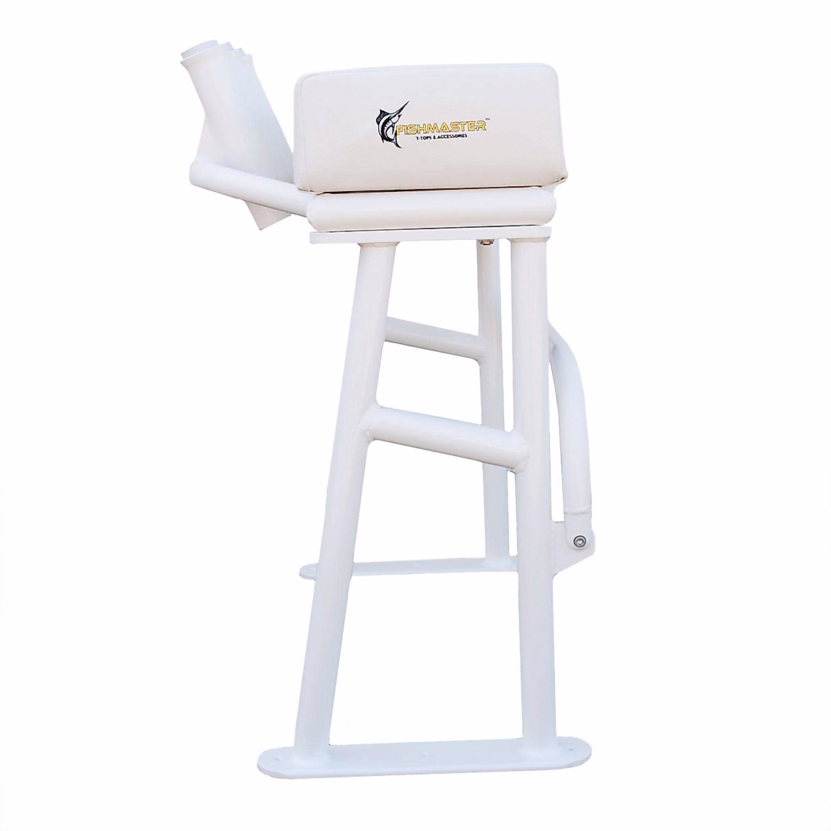 Fishmaster Original Leaning Post for Center Console Fishing Boats – Three Rocket Launcher Rod Holders, Rectractable Footrest, Flow Through Foam – White Upholstery/White Powder Coat