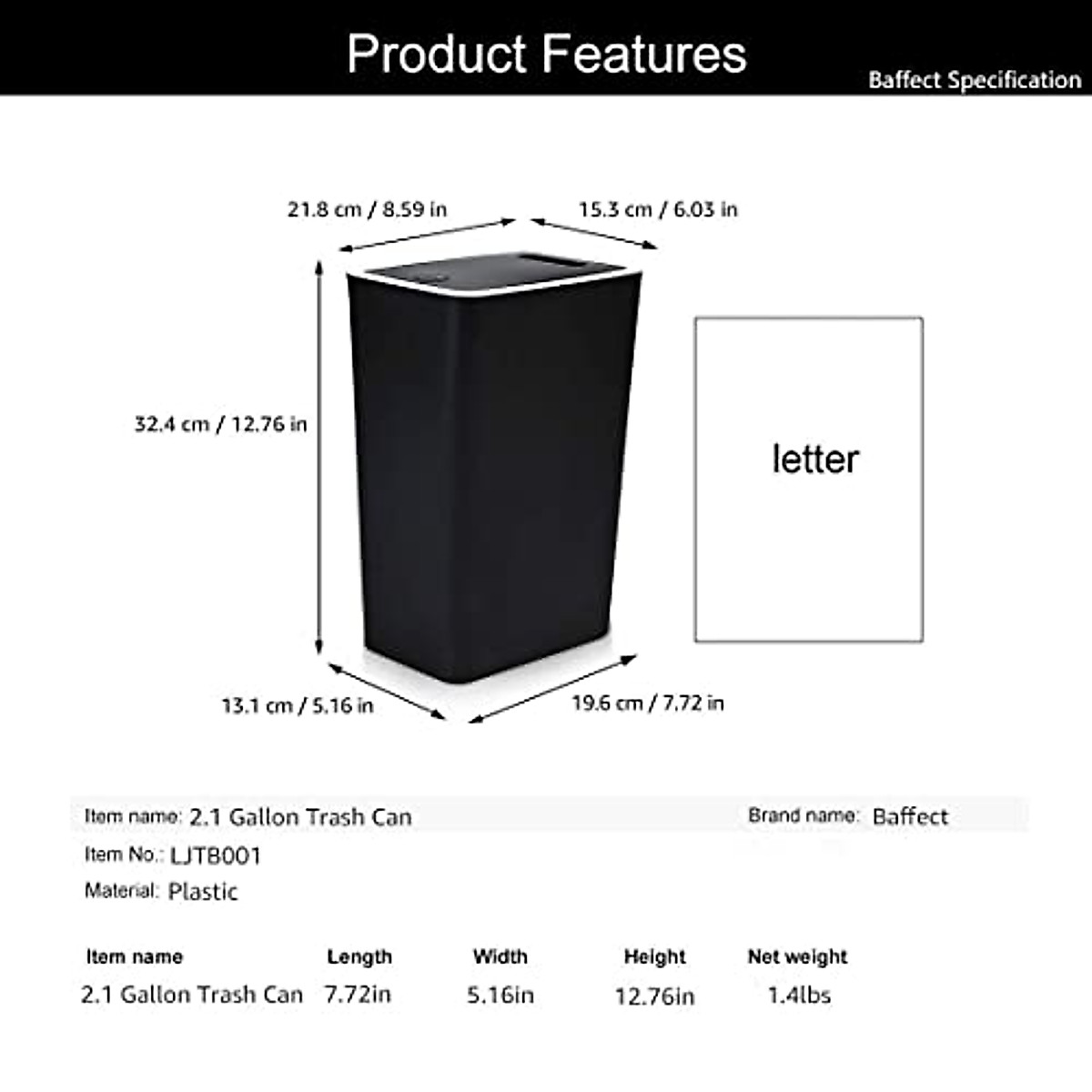 Baffect Kitchen Trash Can with Lid Garbage Can Plastic Waste Bin Dustbin Bucket for Bathroom Bedroom Living Room Office -2.1 Gallon(Rectangular, Black)