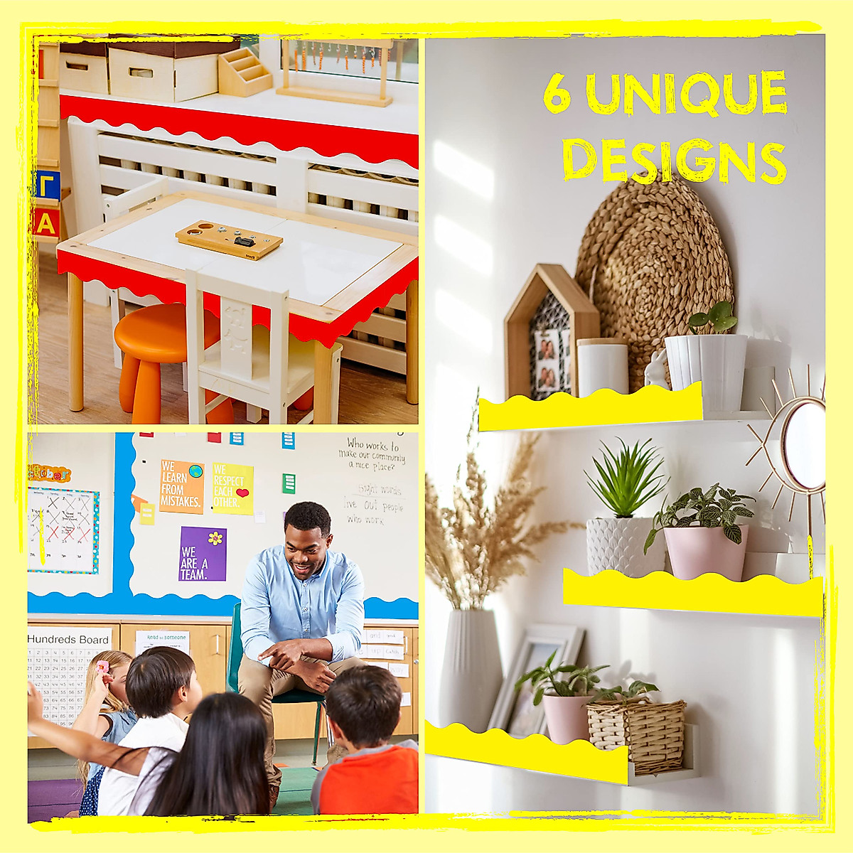 6 Rolls Bulletin Board Borders, 240Ft Scalloped Rolled Border Trim with Wavy Line Design Yellow, Green, Red, Blue, Black, White Decoration for School, Classroom & Offices, 40Ft per Roll