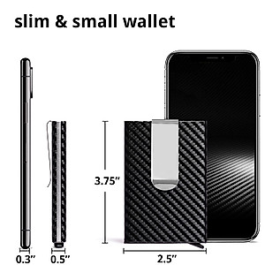 SLUKULU Slim Wallet for Men with Money Clip and Credit Card Holder, RFID Blocking Carbon Fiber Wallet,Minimalist Pop-Up Metal Front Pocket Wallet. (Black)