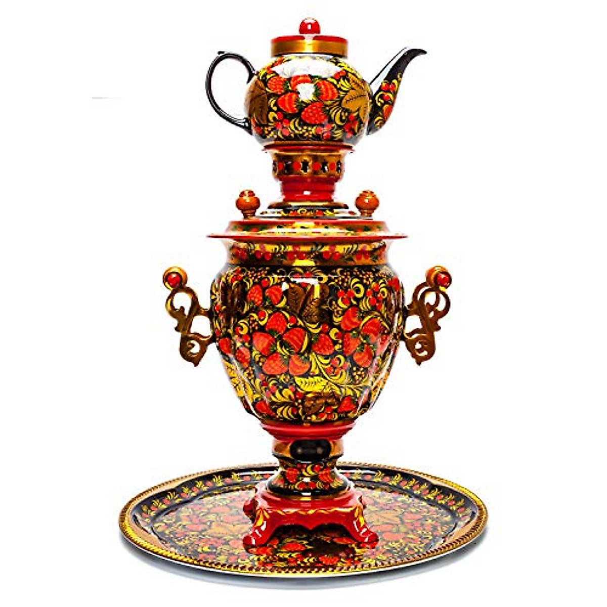 Red Khokhloma Electric Samovar Kettle with Teapot and Tray