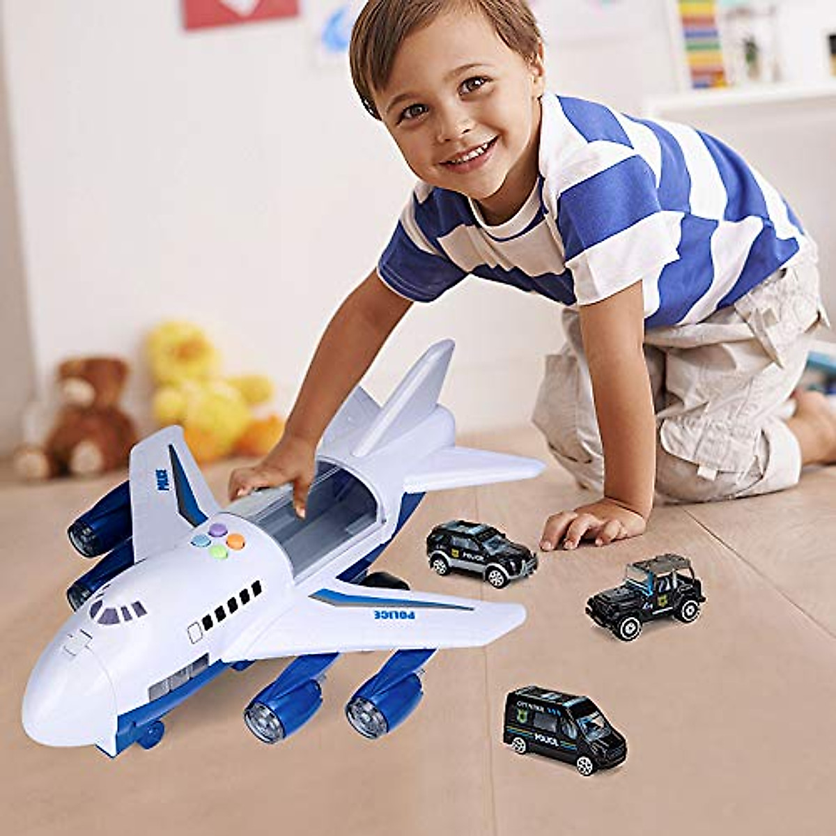 Car Toys Set with Transport Cargo Airplane and Large Play Mat, Mini Educational Vehicle Police Car Set for Kids Toddlers Boys Child Gift for 3 4 5 6 Years Old, 6 Cars, Large Plane, 11 Road Signs