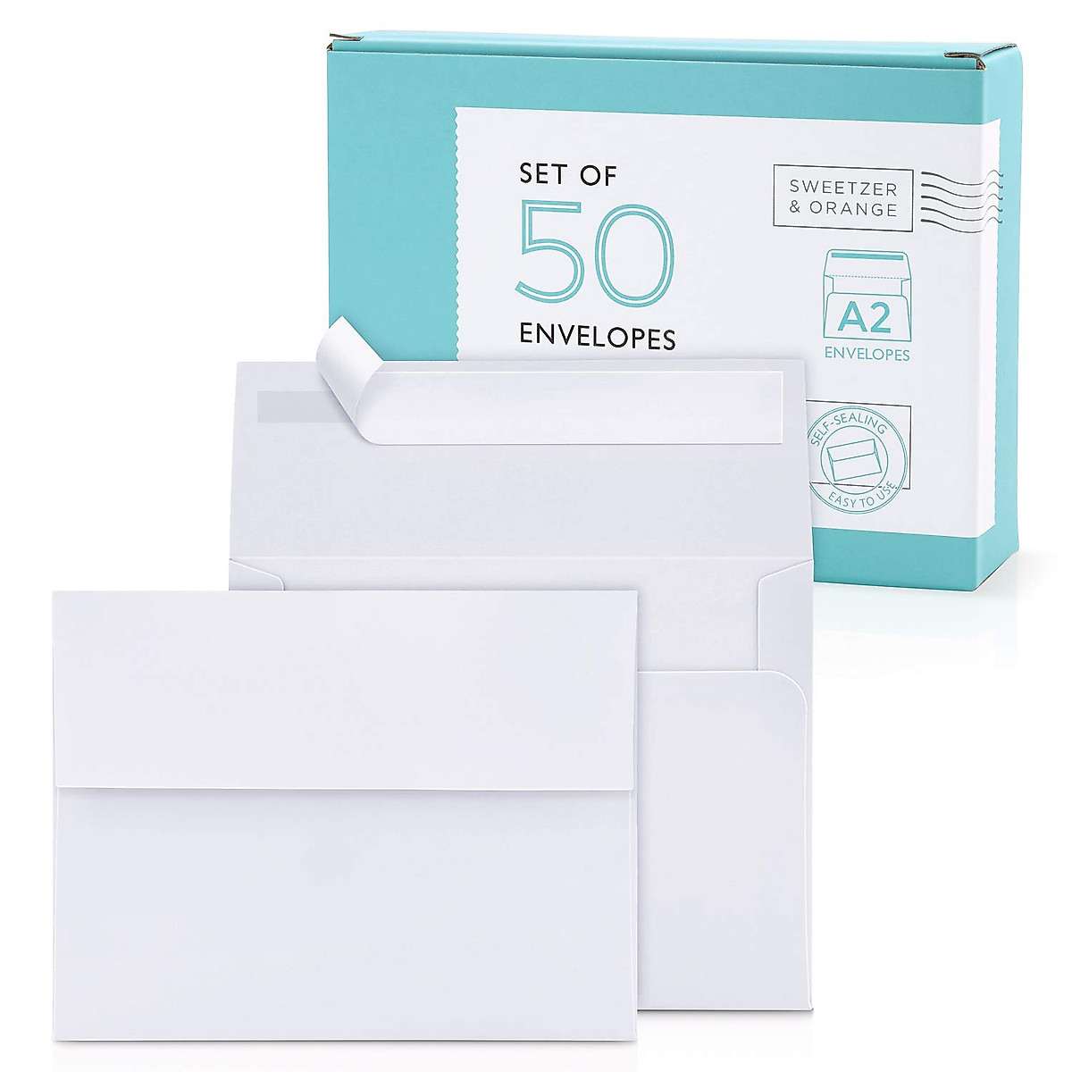 Sweetzer & Orange A2 Envelopes White Envelopes Self Seal (50 with Box). Luxury 150gsm For Greeting Card Envelopes and Invitation Envelopes 4-3/8 x 5-3/4, RSVP Envelopes, Plain Mailing Envelopes