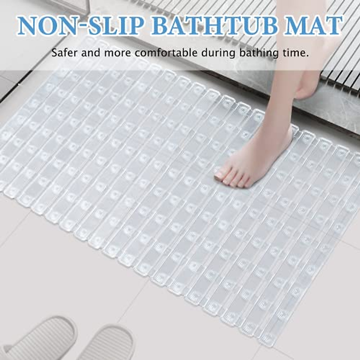 Setsail Bathtub and Shower Mats, Non-Slip Safe Bath Tub Floor Mats with Hundreds of Suction Cups and Grille Drainage Outlet Machine Washable Bath Mat for Bathroom Tub Accessories, Clear