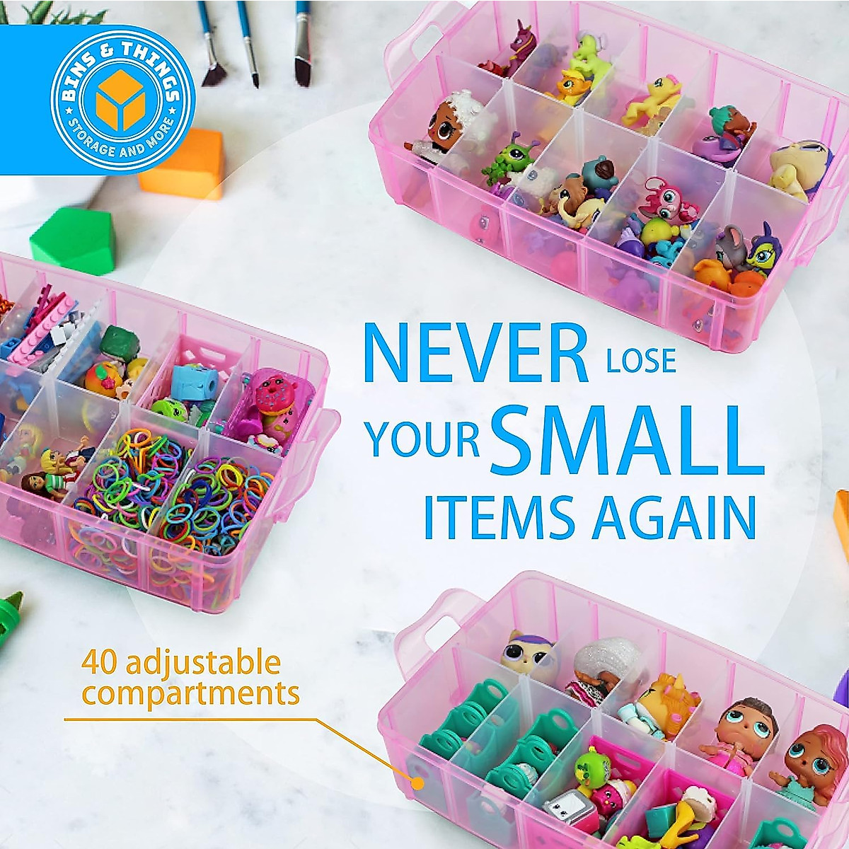 Bins & Things Bead Organizer with Adjustable Compartments - Durable Toy Organizers and Storage Solution for Dolls, Crafts, Mini Toy Figures, Jewelry and Beads - 4 Tier, 20 Compartments, Pink