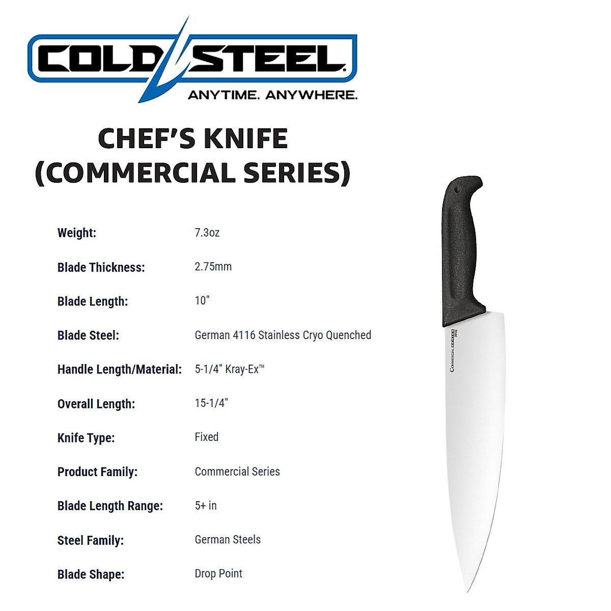 Cold Steel Chef's Knife | 10" Durable German 4116Stainless Steel Fixed Blade Knife with Ergonomic Non-Slip Handle | Versatile Design for Professional & Home Kitchens | Commercial Series