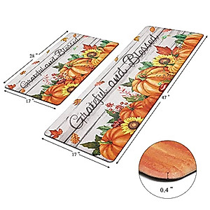 Pauwer Fall Pumpkin Kitchen Rugs Set of 2, Farmhouse Kitchen Floor Mat, Non Slip Anti Fatigue Kitchen Mats for Floor, Waterproof Cushioned Kitchen Runner Rug Set Fall Harvest Thanksgiving Decor