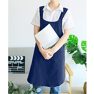 losofar Soft Cotton Linen Apron Cross Back X-Shaped Japanese Style Pinafore Dress for Cooking, Housewarming, Daily Chores (darkblue, (28.3"x 35.4"))